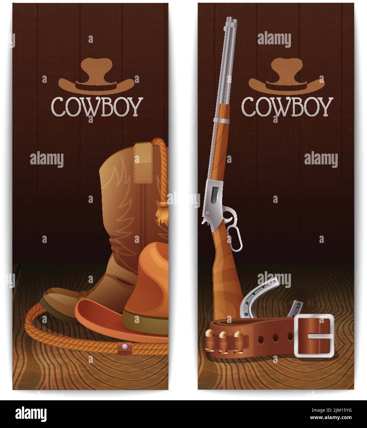 Two vertical cowboy banners with hat boots lasso belt horseshoe ...