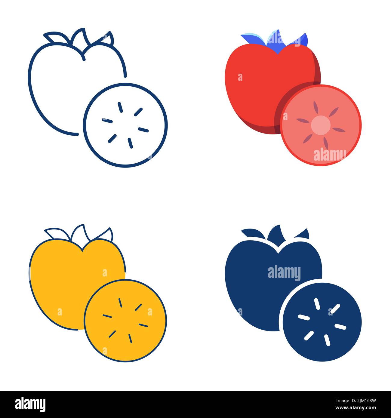 Persimmon fruit icon set in flat and line style. Vector illustration ...