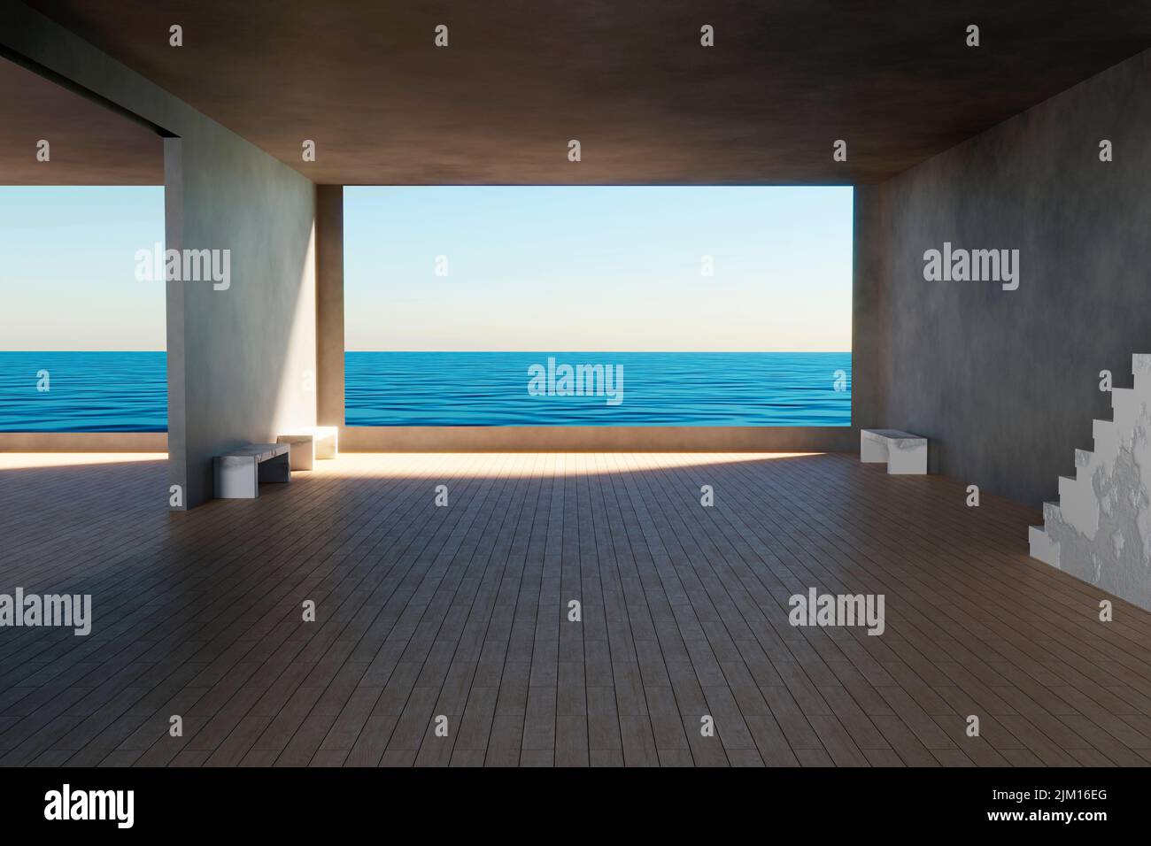 Room with bench and with big window to beautiful view to blue ocean. 3d ...