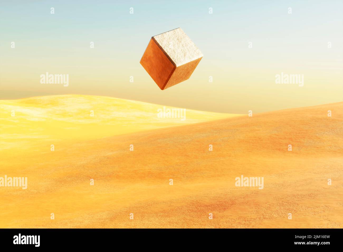 Surreal desert landscape with white bright cube floating over desert ...