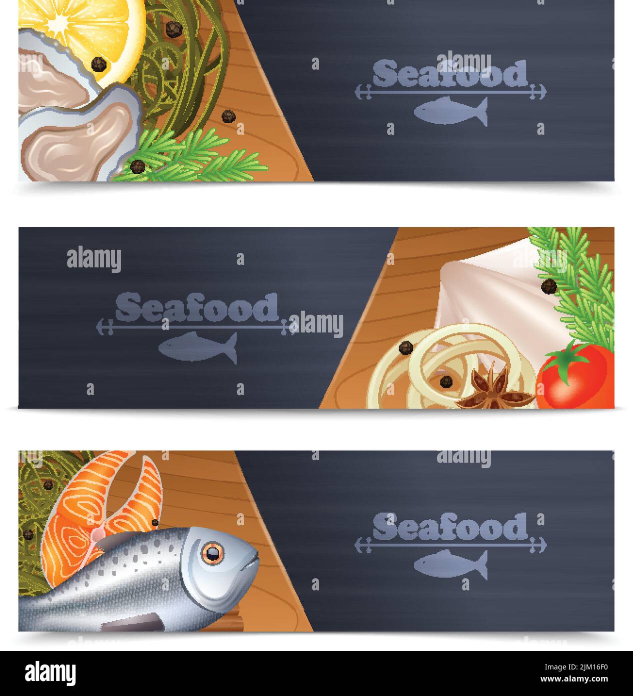 Seafood restaurant menu horizontal banner set with fish and spices ...