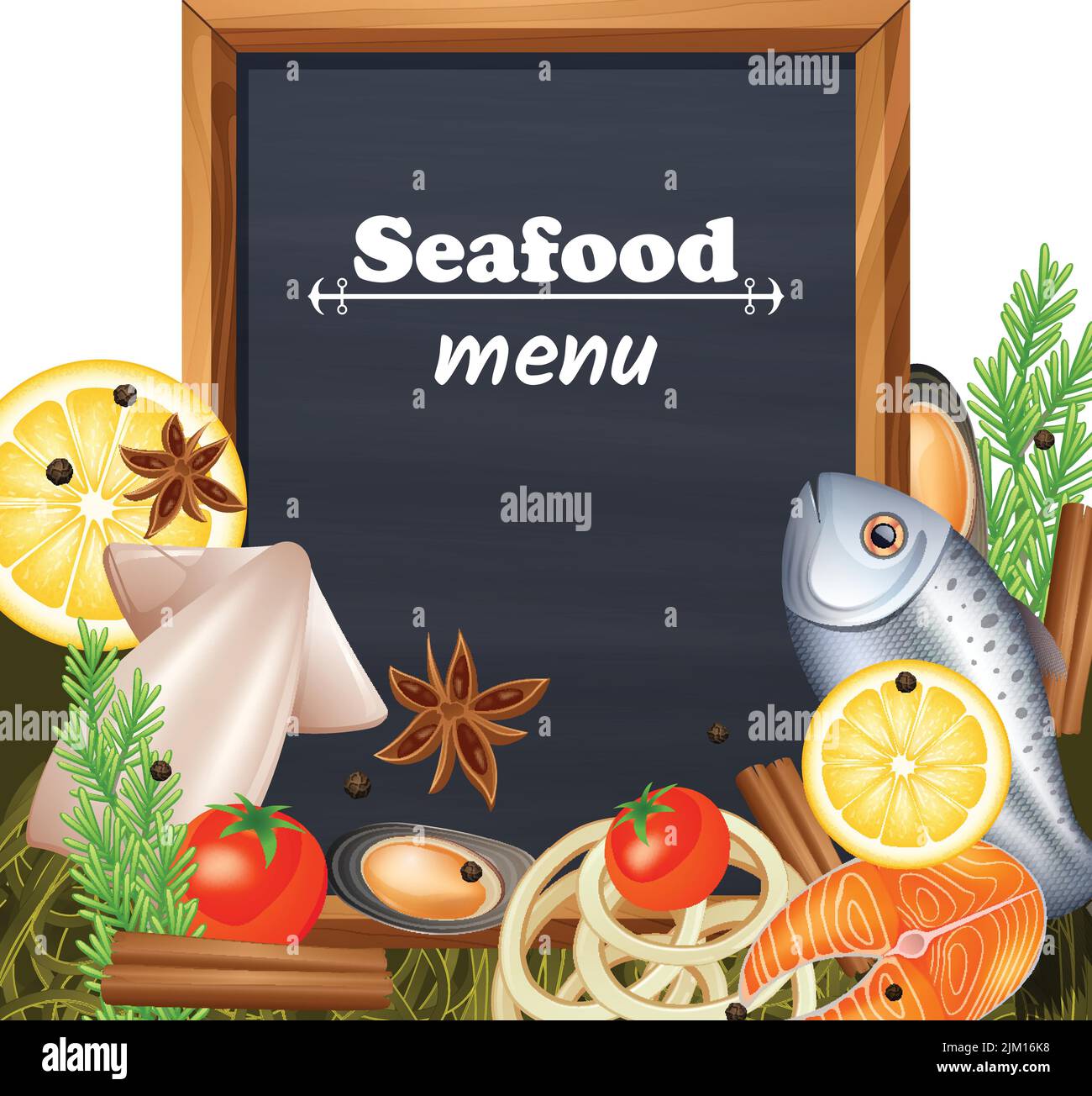 Seafood restaurant menu template with chalkboard and fish delicacy ...