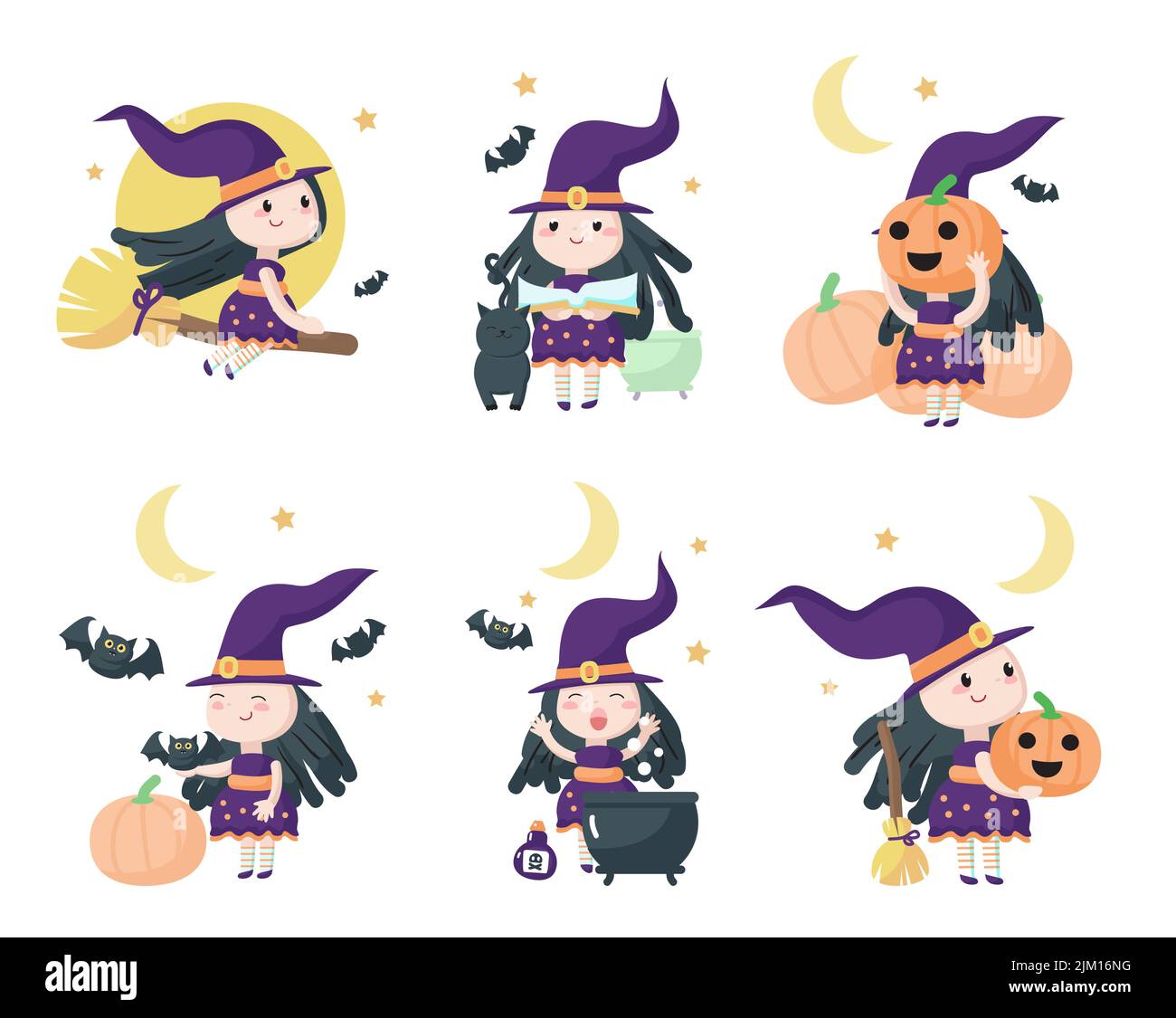 Halloween cartoon witches vector set. Cute happy little girl magic ...