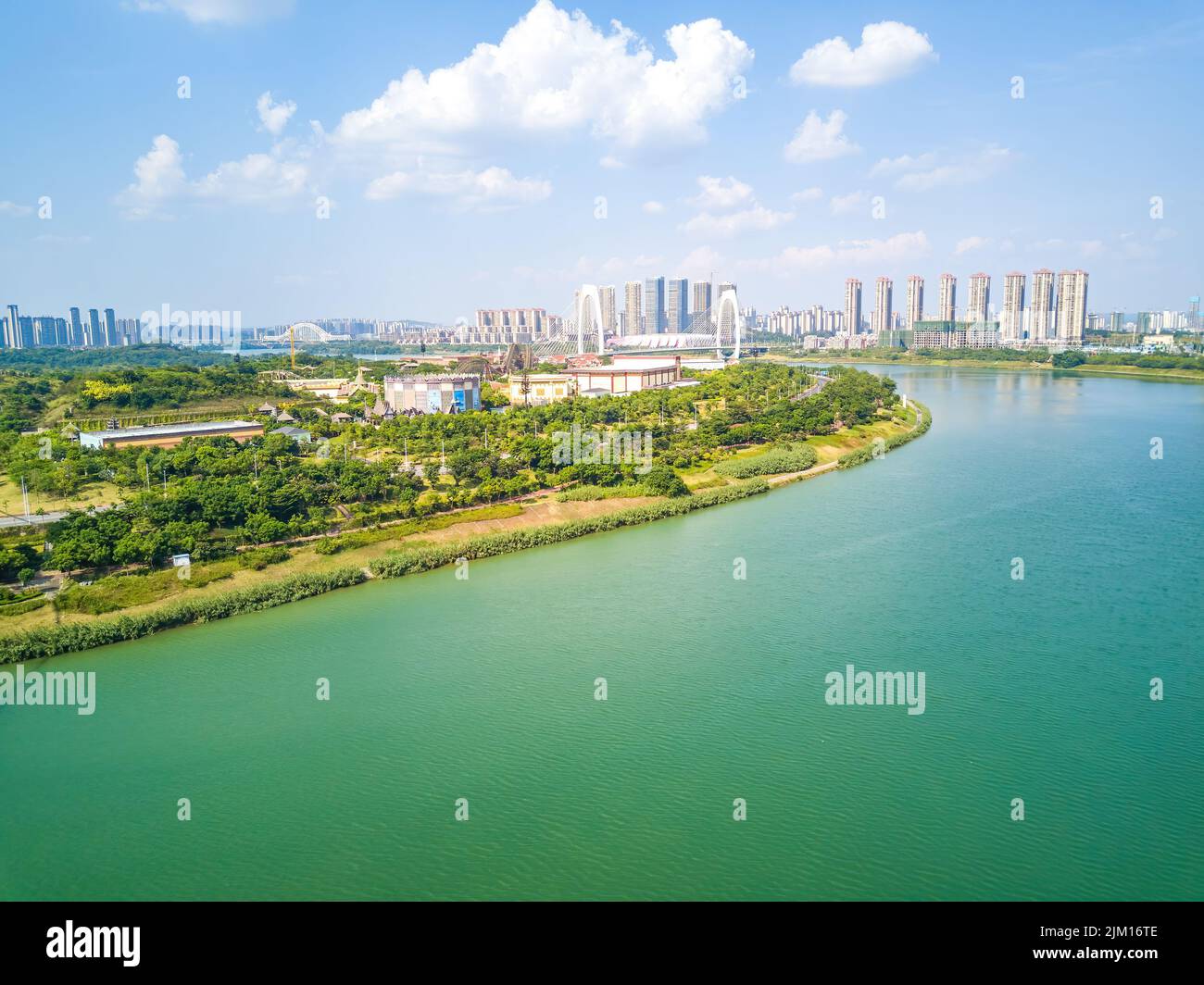 Urban architectural landscape and river bank in Nanning, Guangxi, China ...