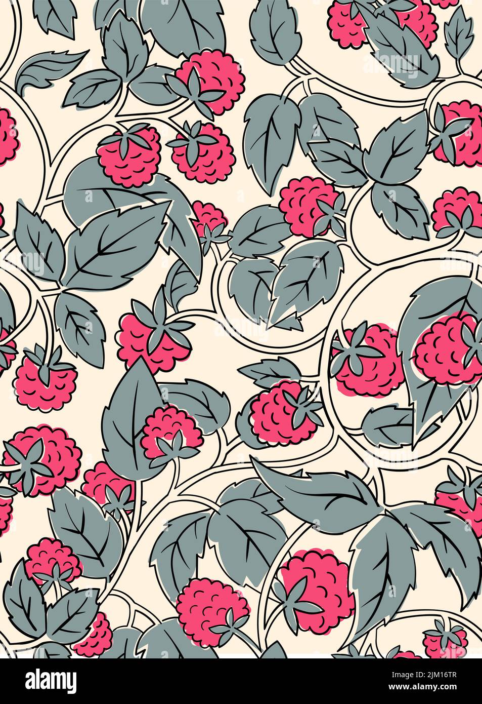 Raspberry Coloring Book seamless Pattern. Black countour on white ...