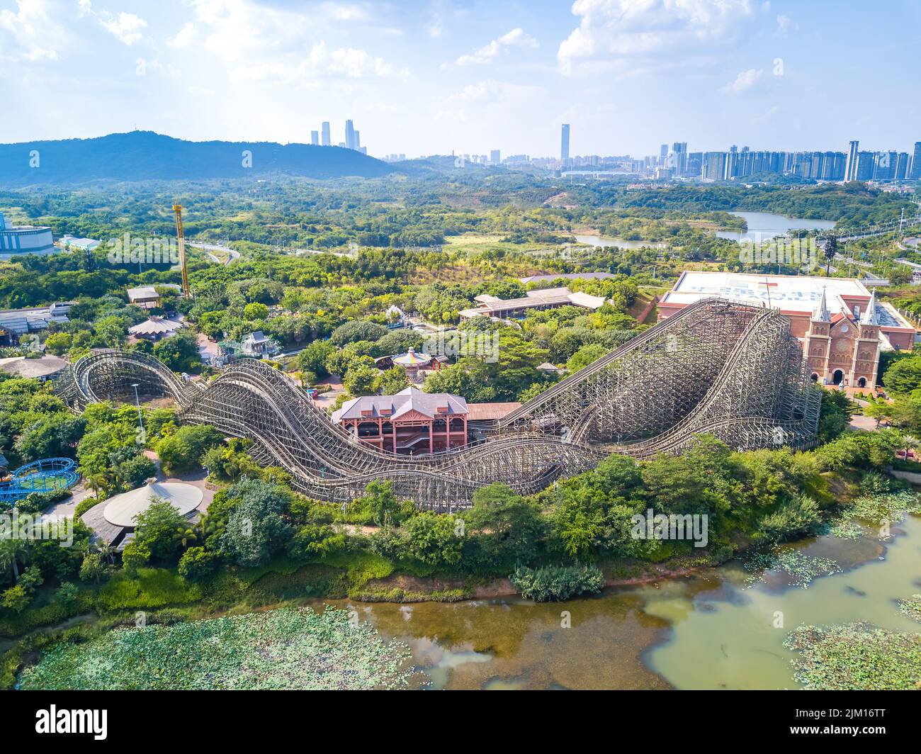 Aerial photography of large roller coaster in amusement park Stock ...