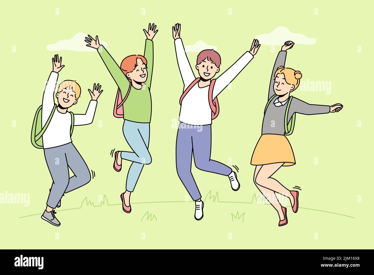 Happy children with backpacks jumping having fun outdoors. Smiling kids ...