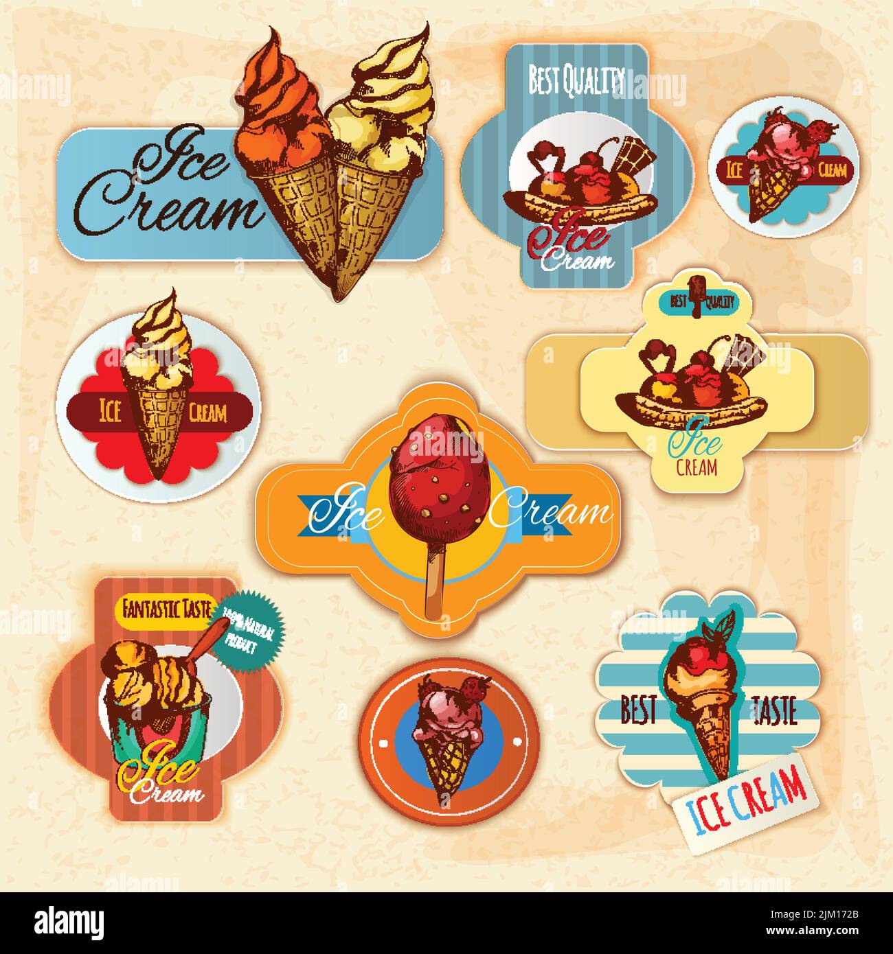 Ice cream delicious frozen dessert paper labels set isolated vector ...