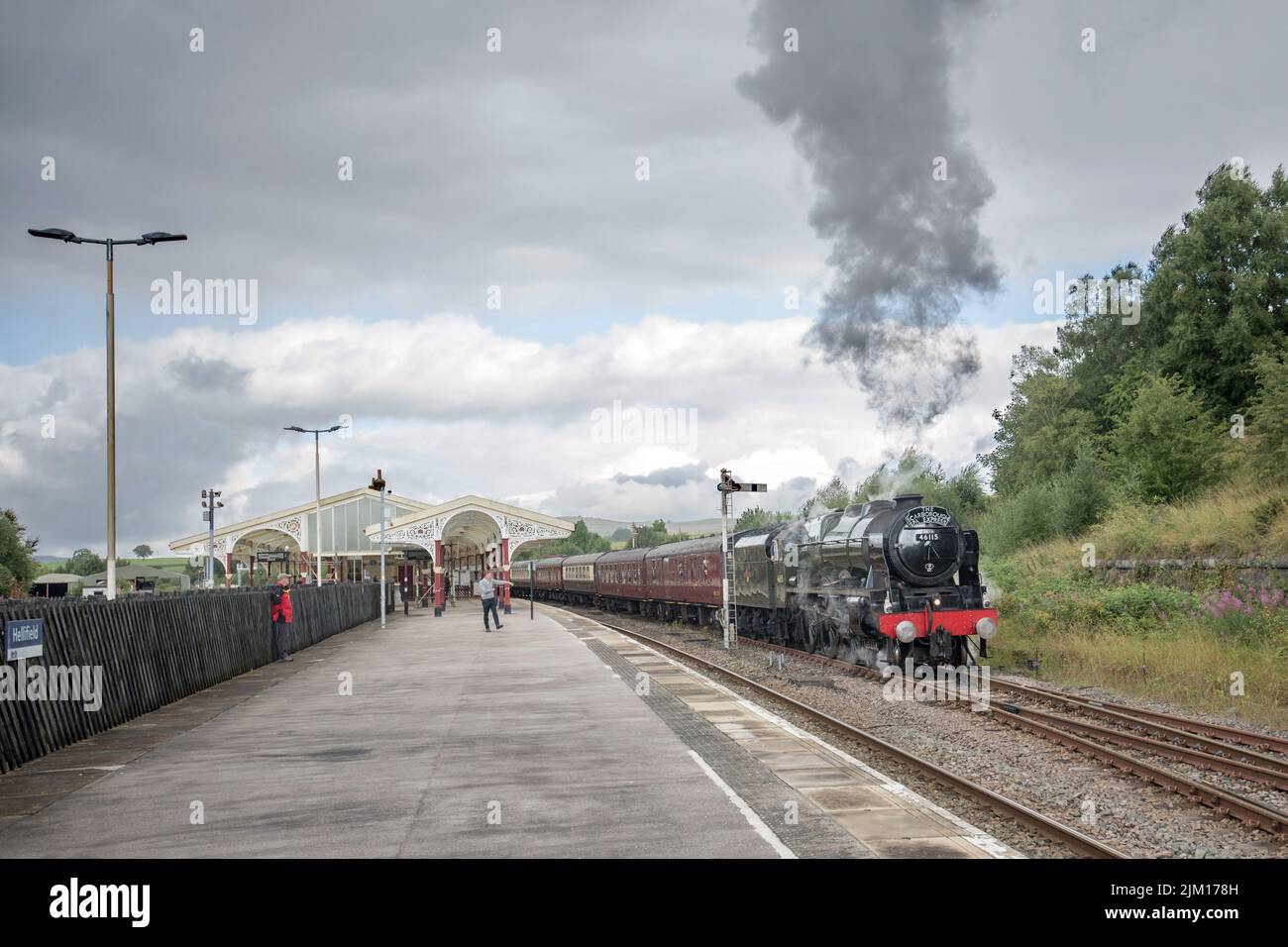 Steam locomotive Scots Guardsman setting off from Hellifield railway ...
