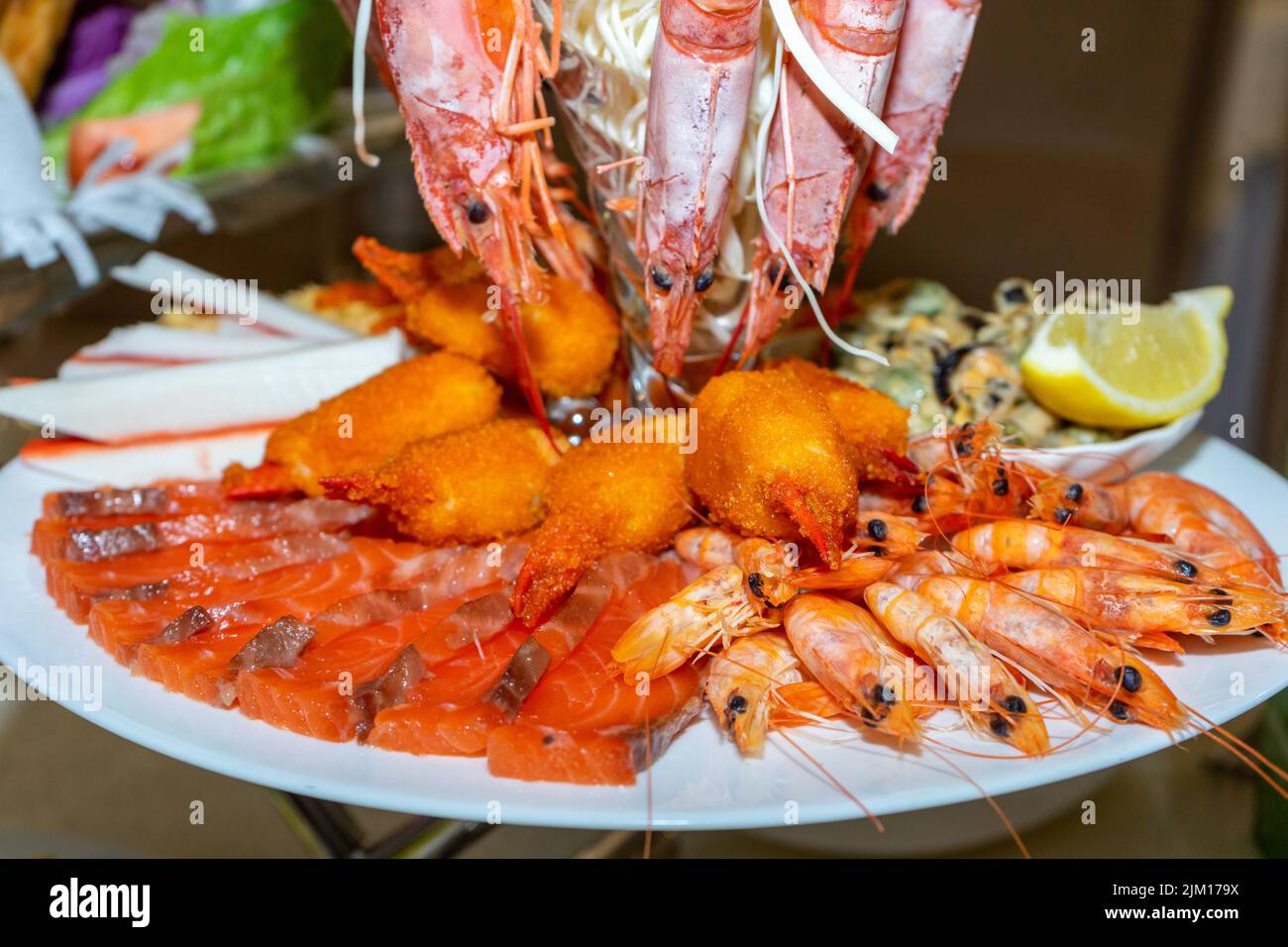 Cold seafood appetizer. Sea delicacies are ready to eat. Close up Stock ...