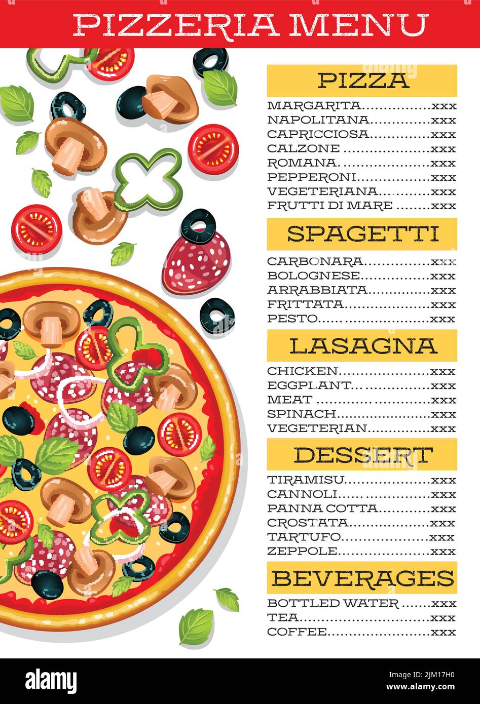 Pizzeria restaurant menu template with pizza and vegetables set vector ...