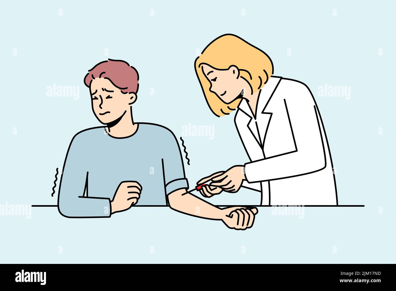 Scared male patient get blood test in hospital. Doctor collecting blood ...