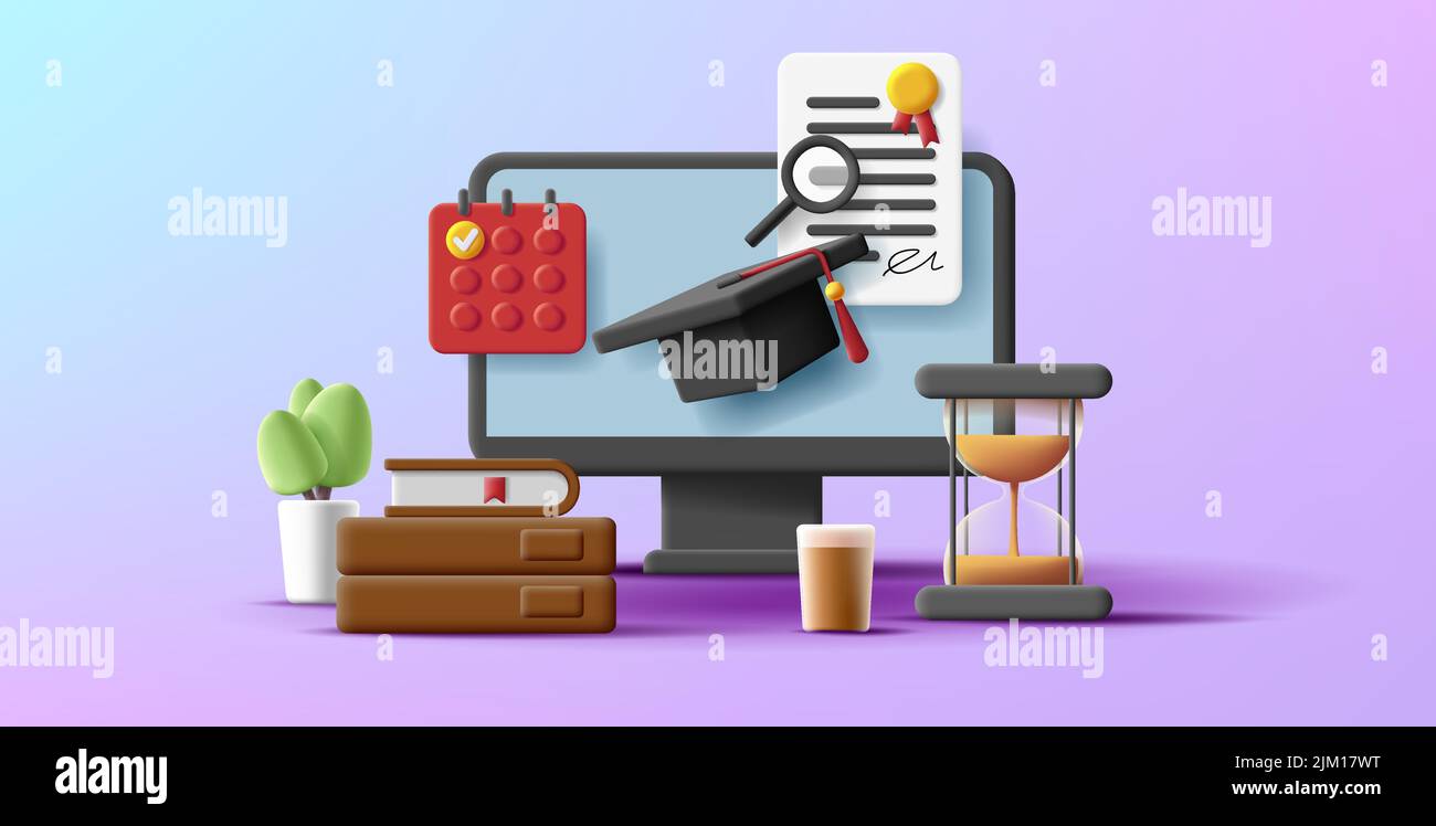 3d illustration of studying, computer with books and graduation hat ...