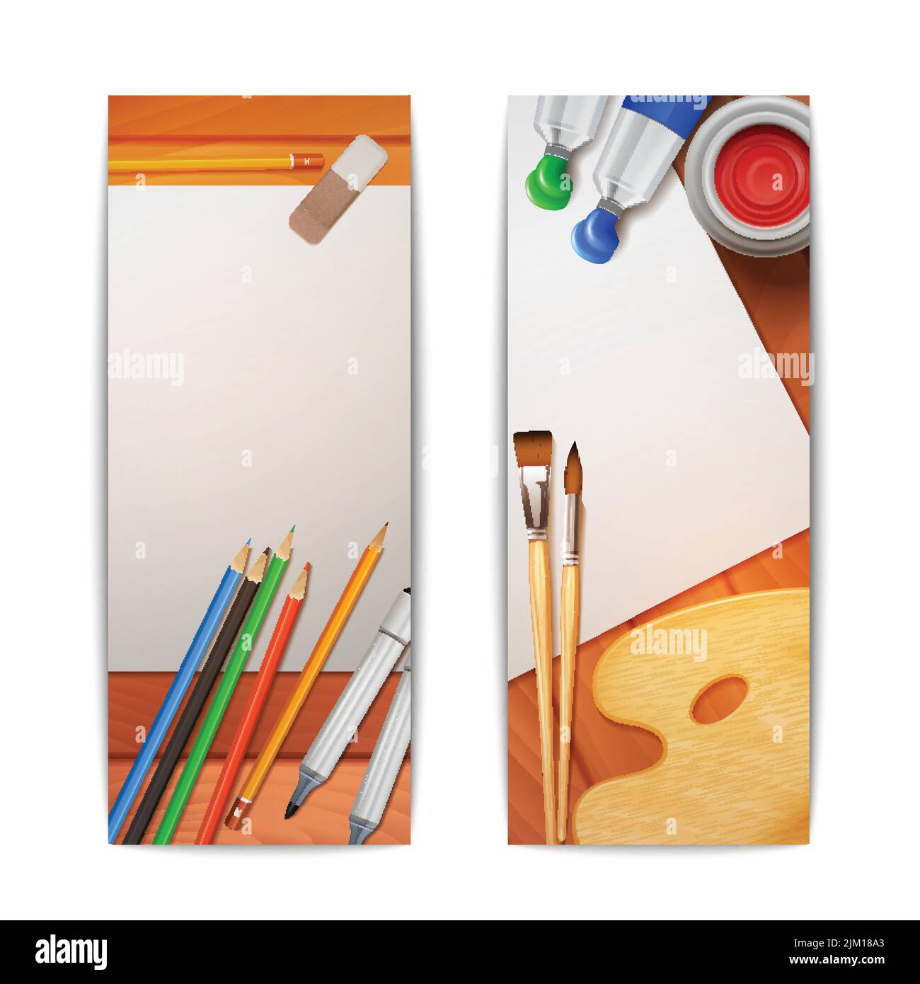 Drawing banners vertical set with painter tools and paper on wooden ...
