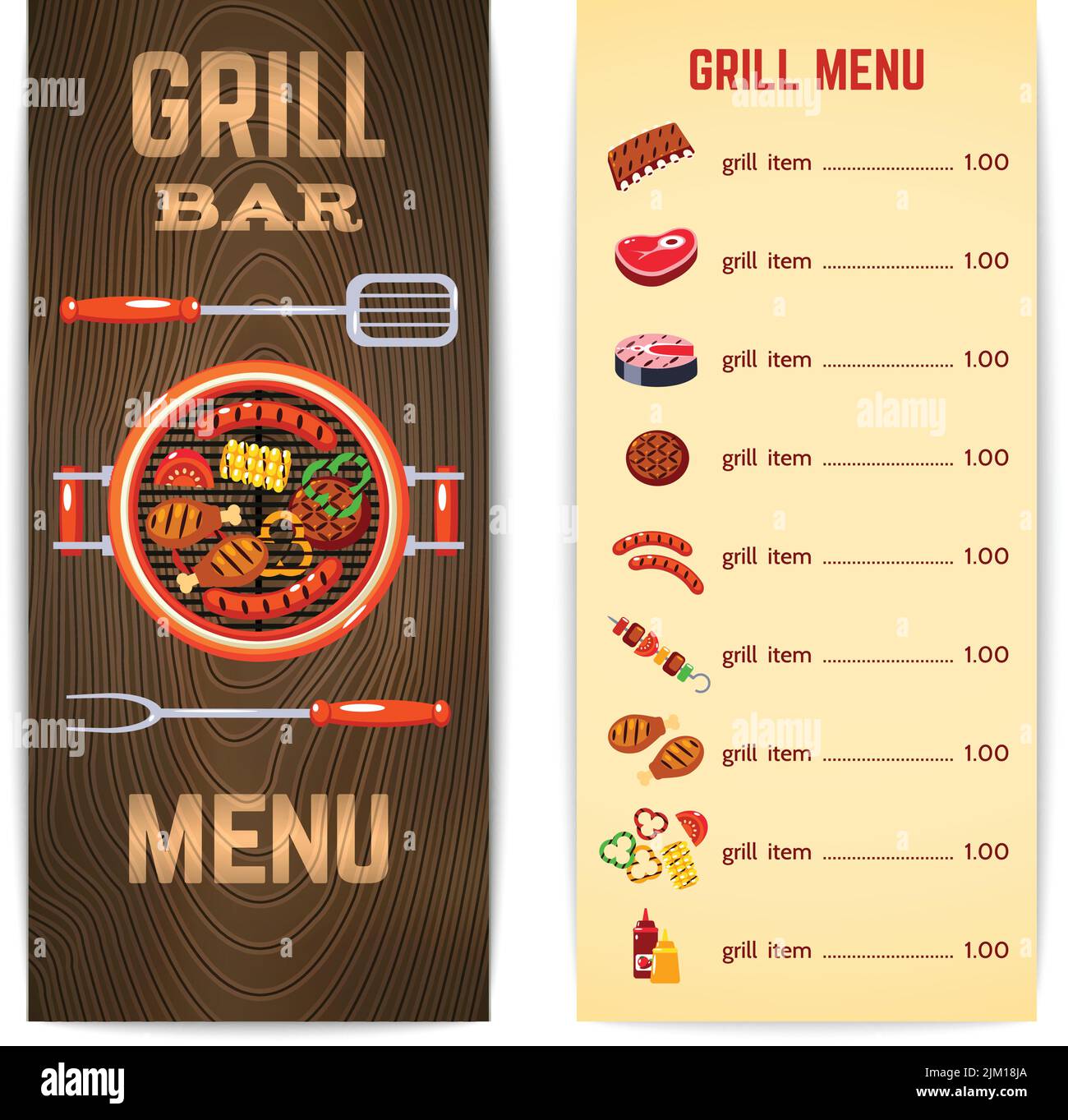 Grill restaurant menu with barbecue food meat dishes vector ...