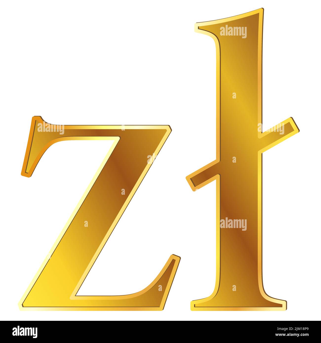 Polish zloty PLN currency golden sign front view isolated on white ...