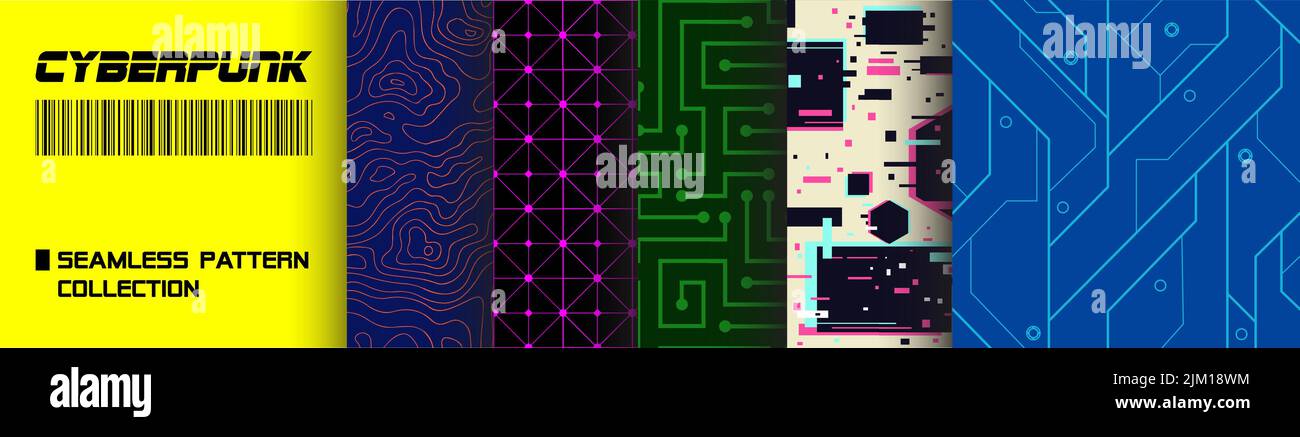 Cyberpunk Seamless Pattern Collection Set, Glitch Effect, Motherboard ...