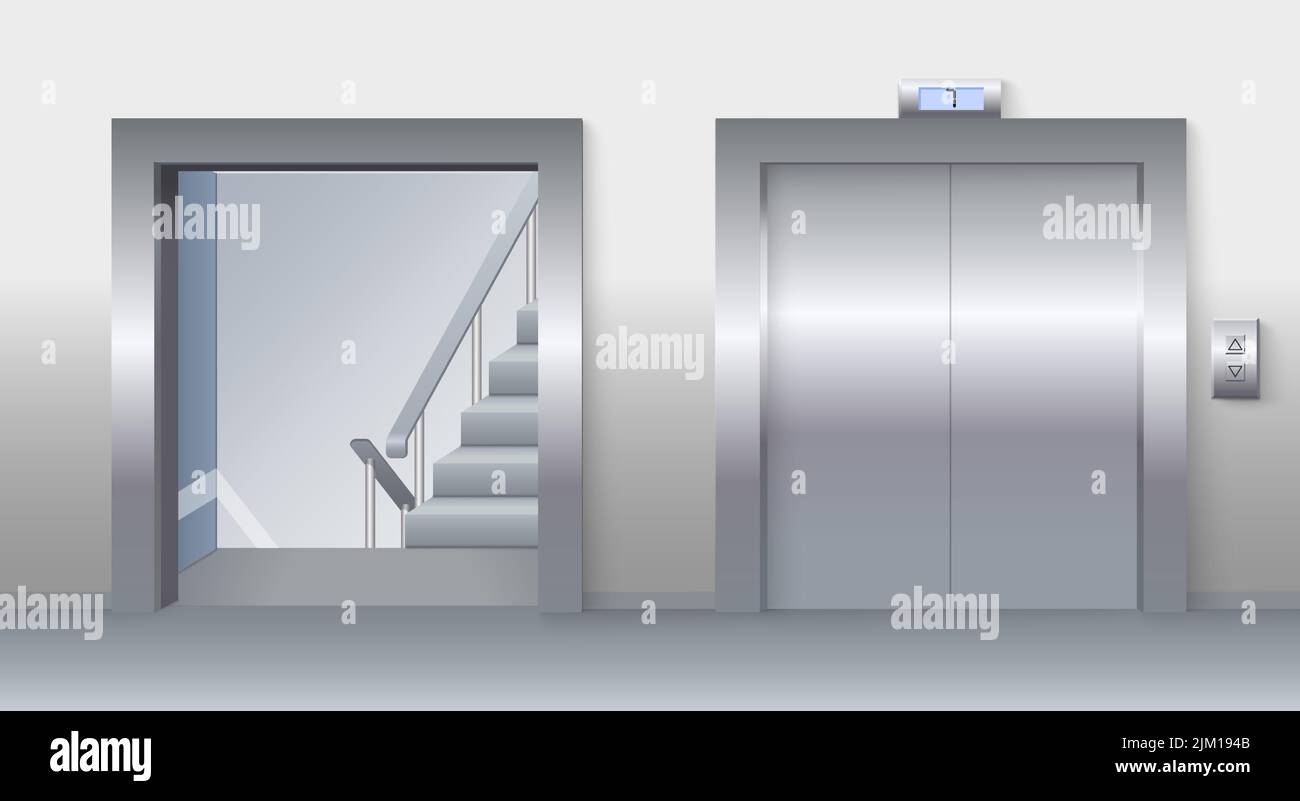 Lift door and stairs in lobby realistic vector. Elevator with closed ...