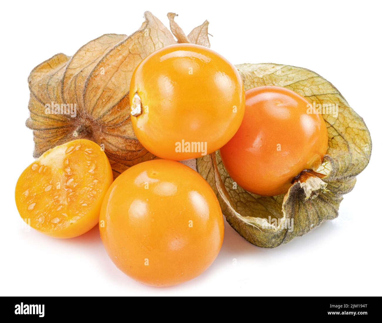 Ripe physalis or golden berry fruits in calyx isolated on white ...