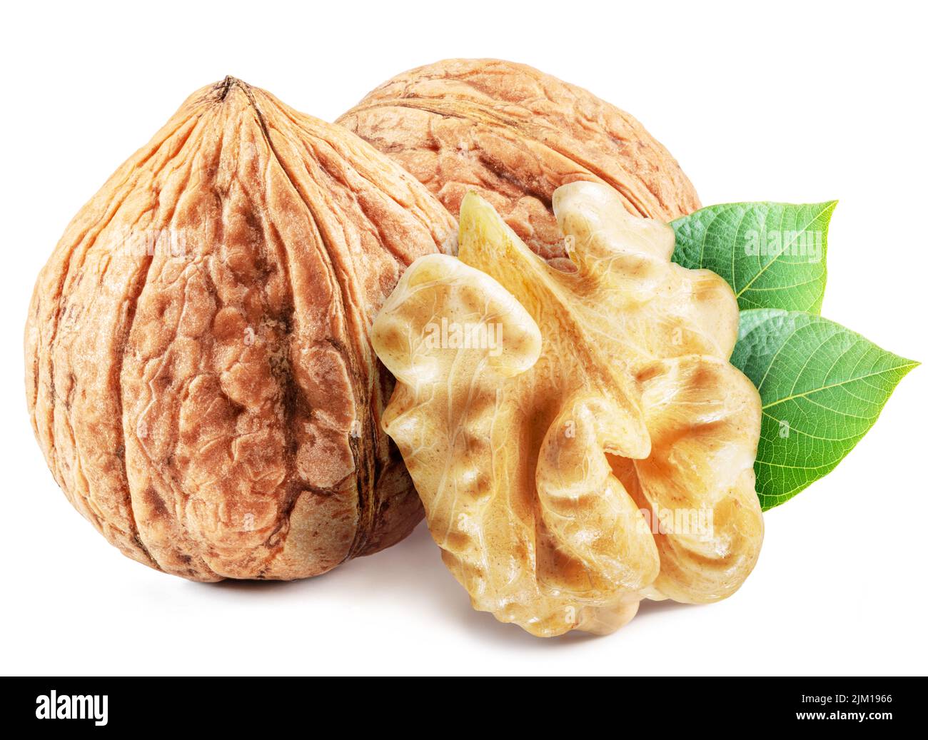 Walnuts, walnut kernel and green leaves isolated on white background ...