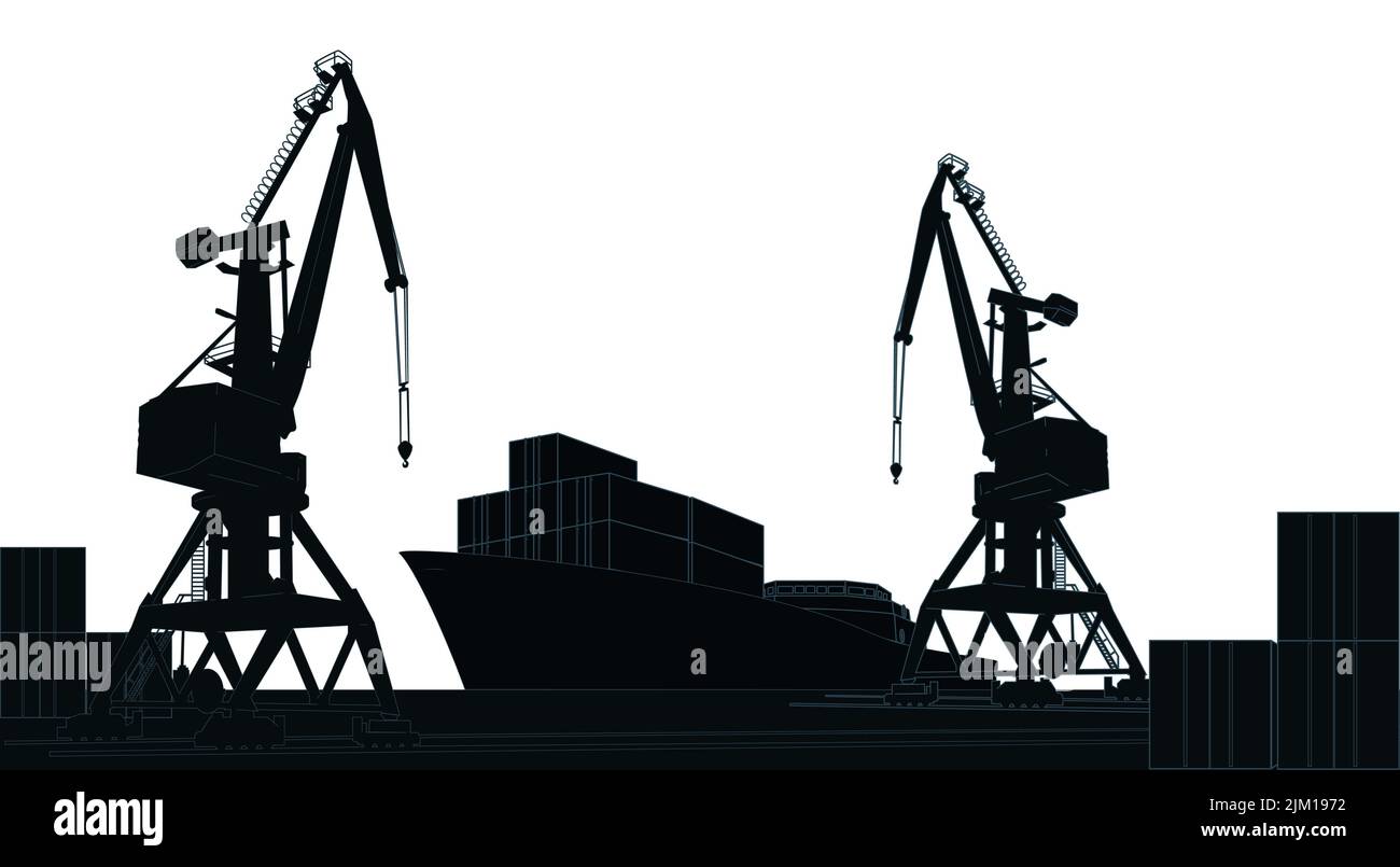 Silhouette commercial cargo port with cranes and container ship at the ...