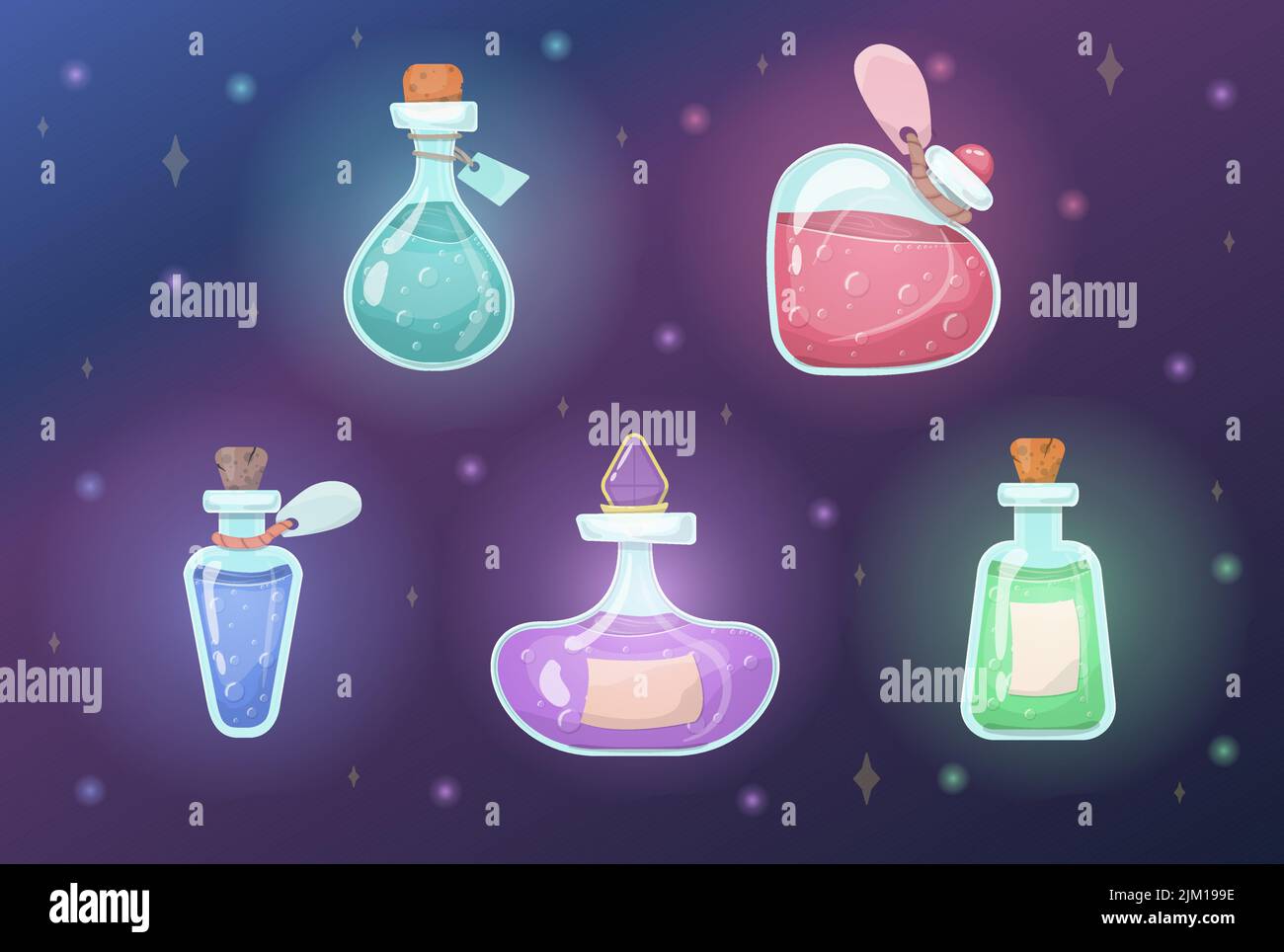 A set of vector magic bottles and flasks. Colorful magic potions ...