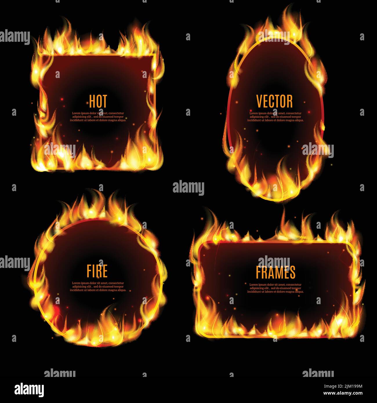 Various hot fire flame frame set on the black background with center ...