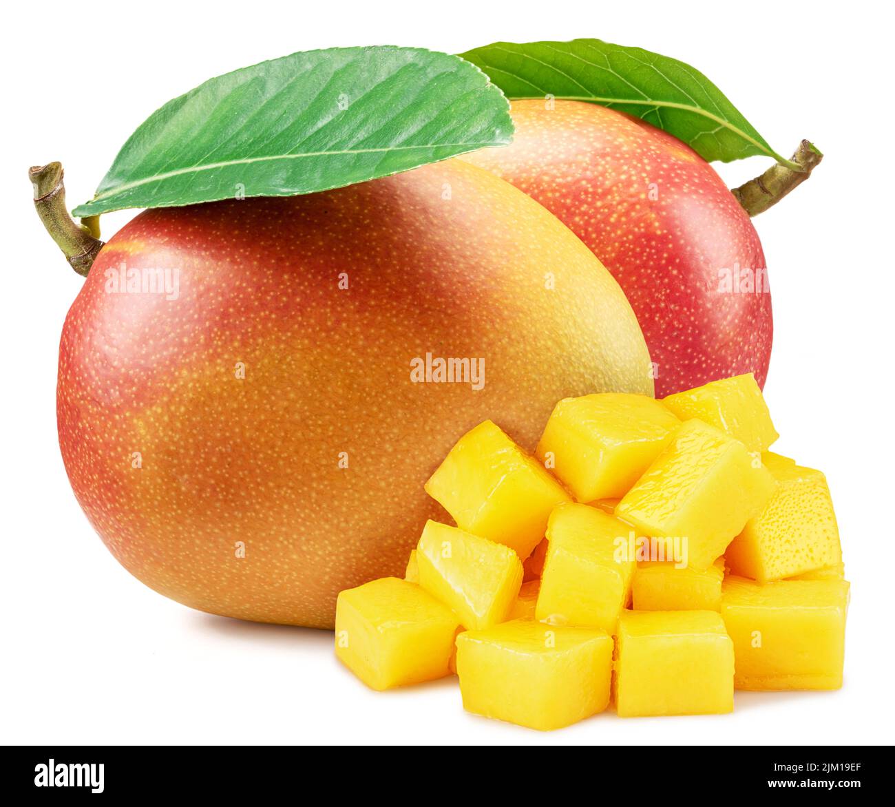 Mango fruits with green leaf and mango cubes isolated on white ...