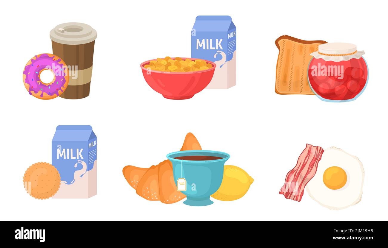 Morning breakfast set. Vector food menu for brunch with milk, coffee or ...