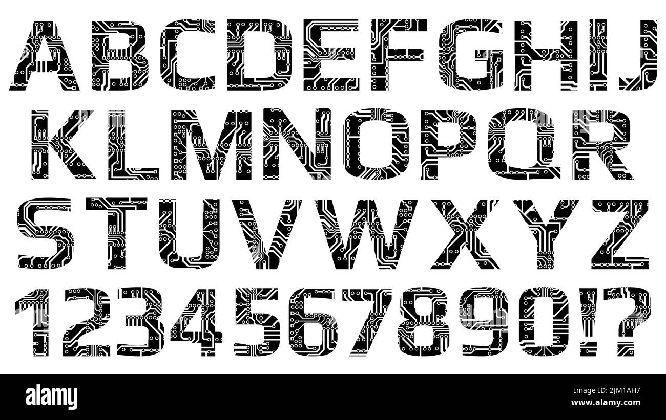 Set of latin digital alphabet perforated with PCB circuit board tracks ...