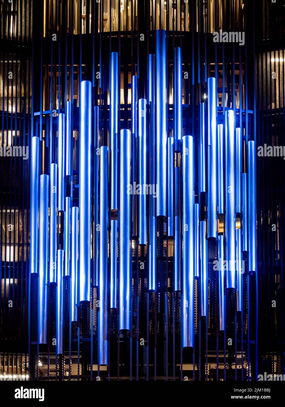 Pipe organ at Organ Hall of a Philharmonic. Steel tubes of Pipe Organ ...
