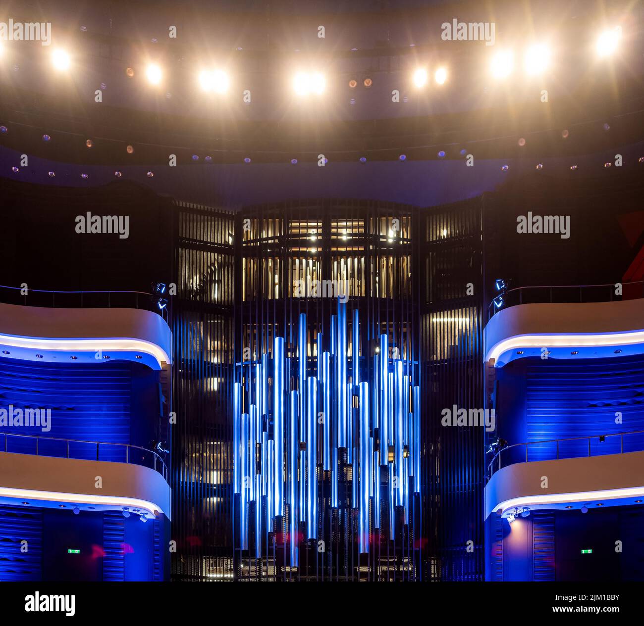 Pipe organ at Organ Hall of a Philharmonic. Steel tubes of Pipe Organ ...