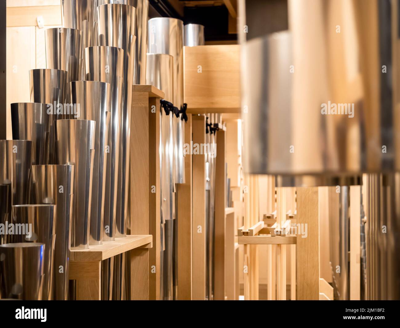 Inside a contemporary organ in modern philharmonic hall, register with ...