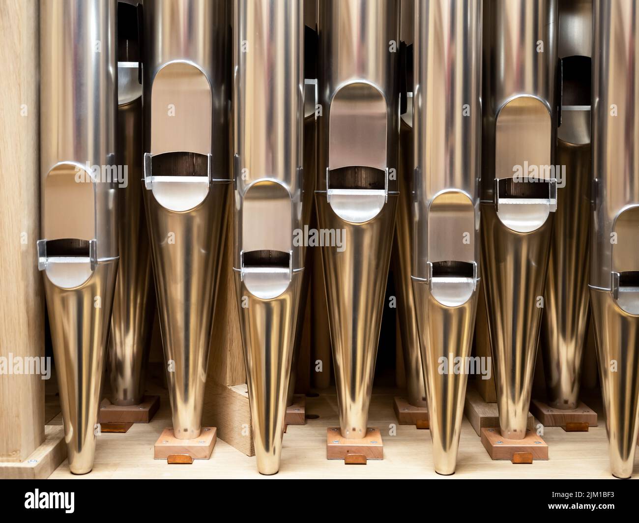 modern steel organ pipes, structure of organ, musical instrument. close ...