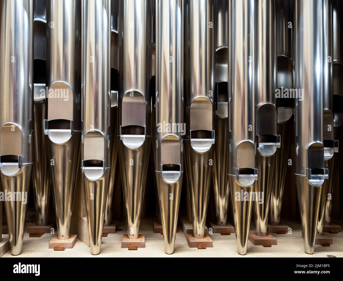 modern steel organ pipes, structure of organ, musical instrument. close ...