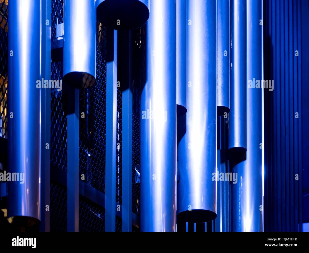 Pipe organ at Organ Hall of a Philharmonic. Steel tubes of Pipe Organ ...