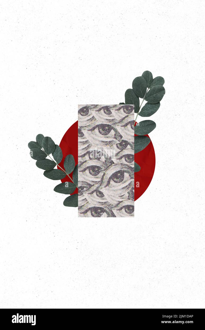 Vertical poster collage of eyes leaves isolated on drawing white color ...