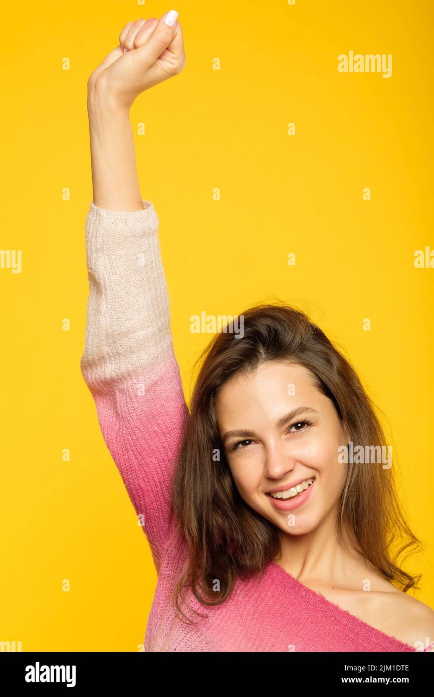 winning success happy joyful girl win gesture hand Stock Photo - Alamy