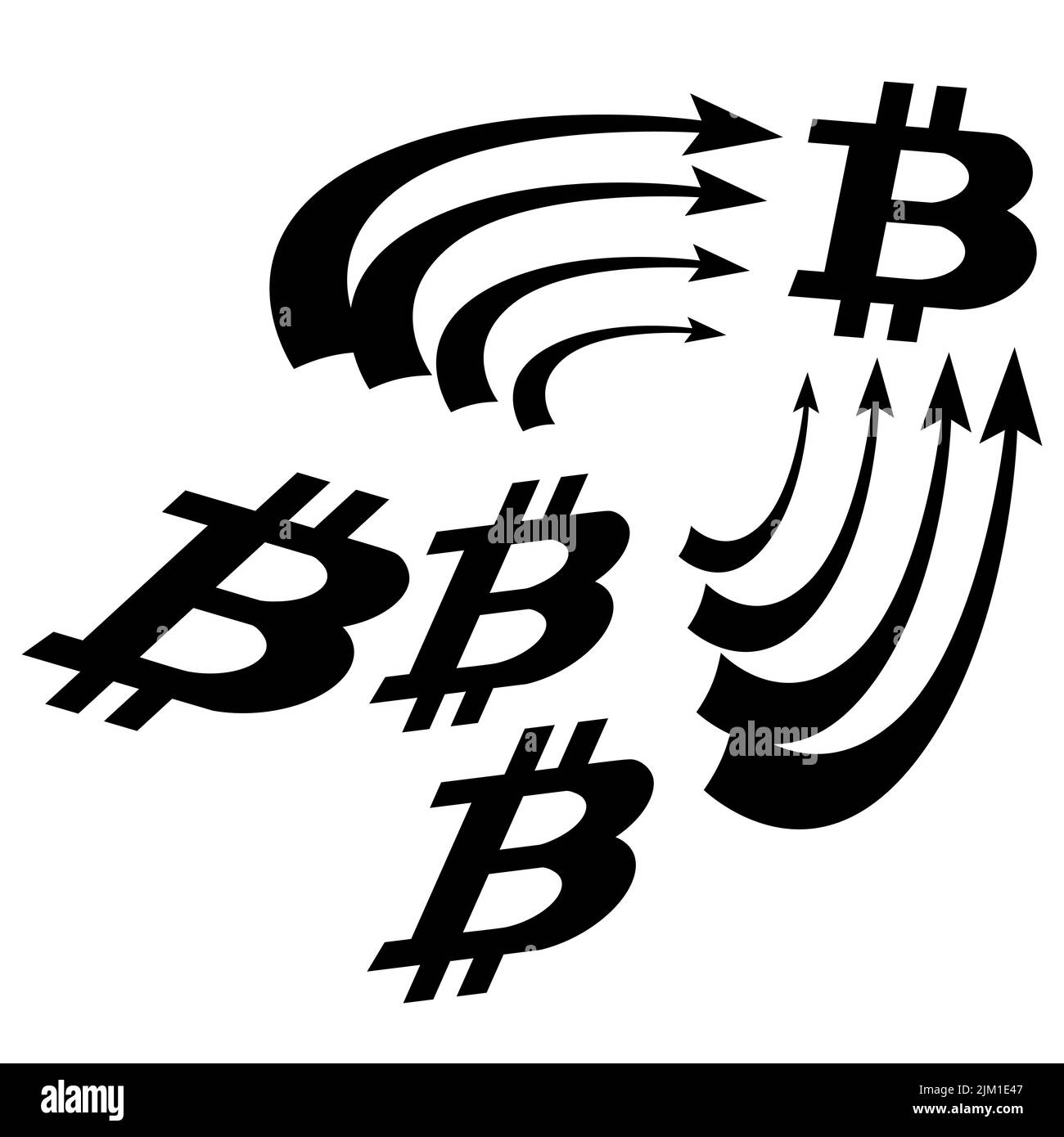 Three bitcoin silhouettes are combined by arrows into one btc ...