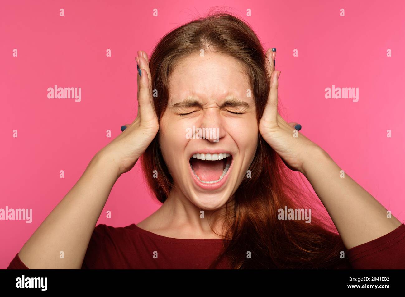 rejection refusal hear woman cover ears screaming Stock Photo - Alamy