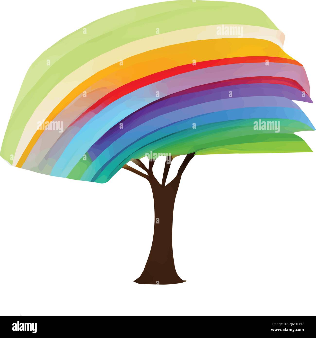 A digital art of a tree with rainbow-colored leaves on a white ...