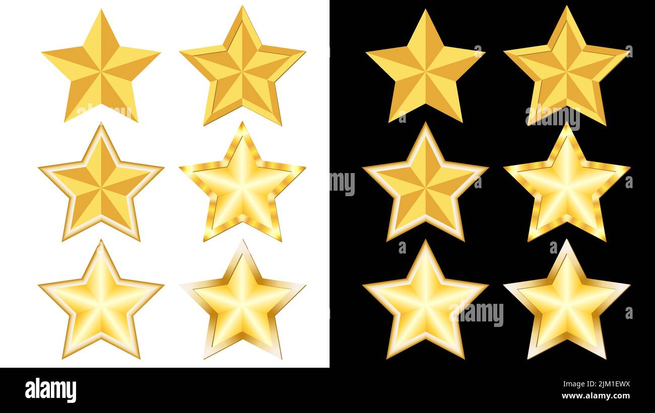 Set of golden rating stars with different borders on white and black ...