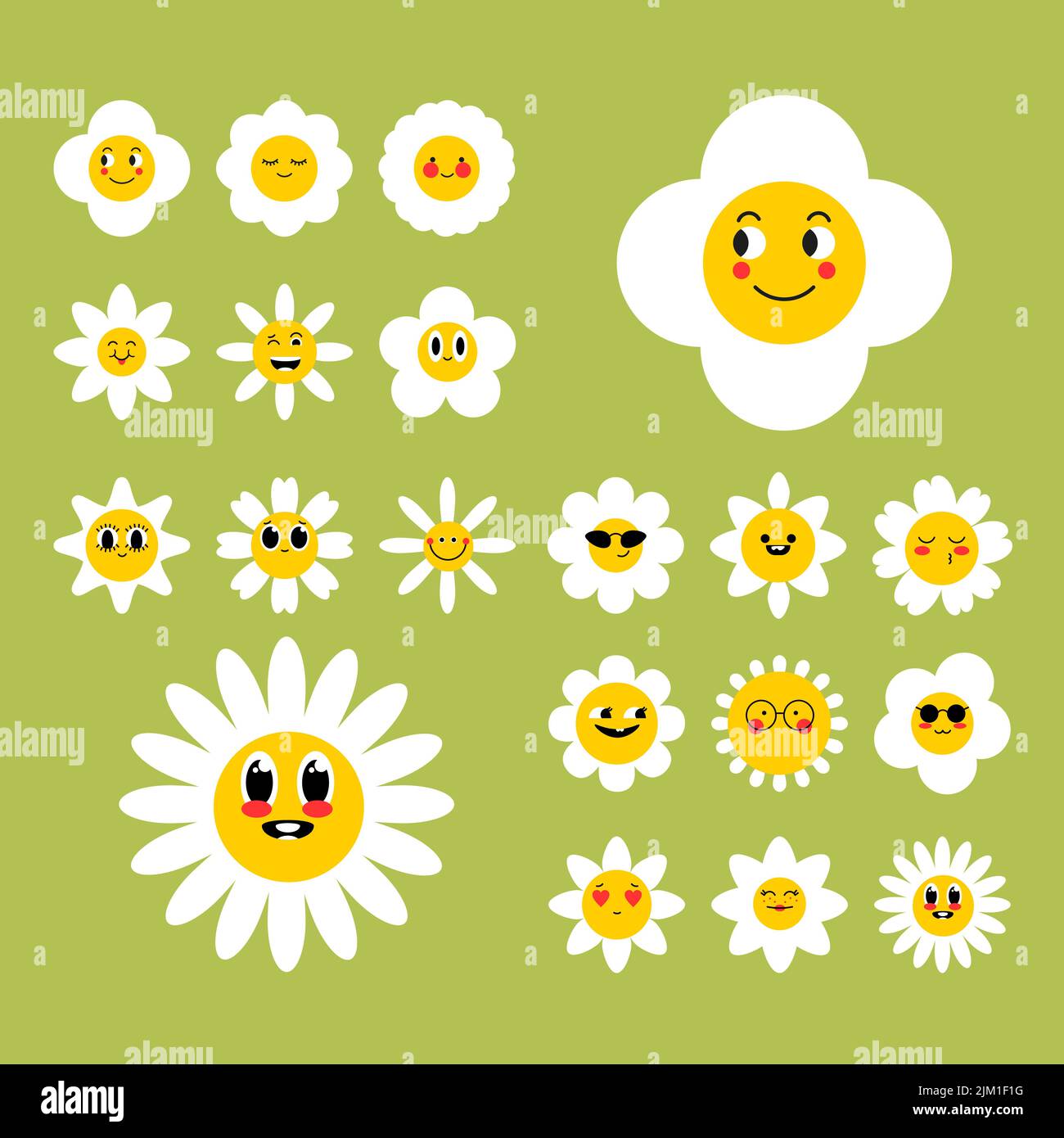 Set of White daisy or chamomile with cute and funny emoji face ...