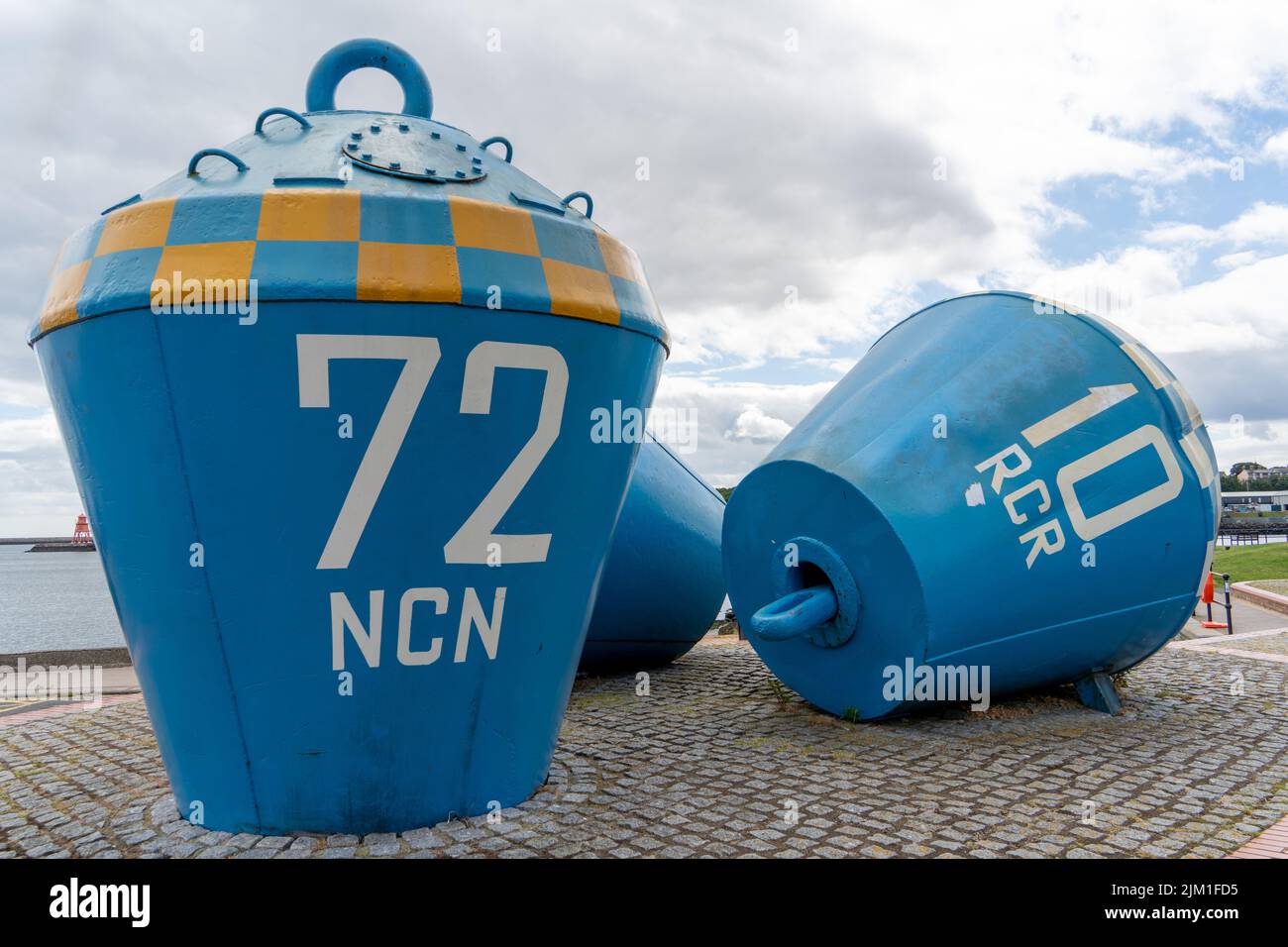 Three giant blue buoys marking the National Cycle Network Route NCN 72 ...