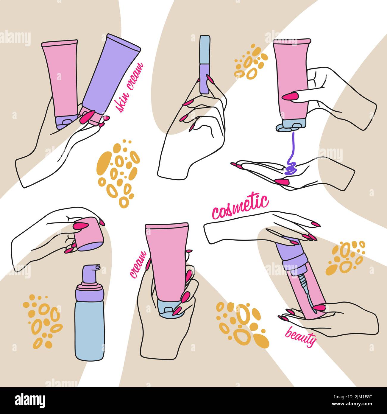 Cosmetic bottles and tubes with skin cream, hands, cosmetic accessories ...