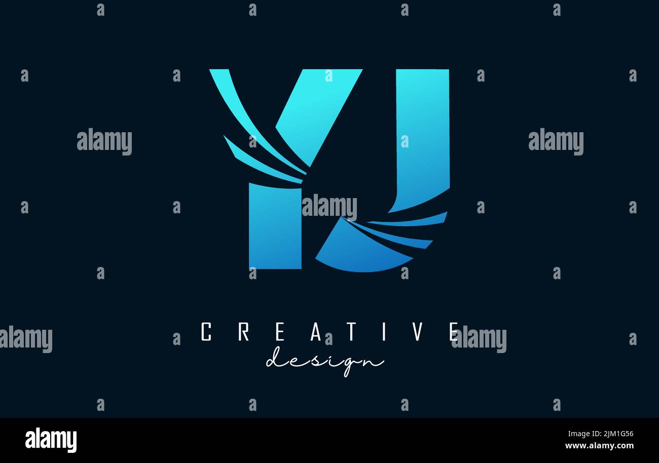 Creative blue letter Yj y j logo with leading lines and road concept ...
