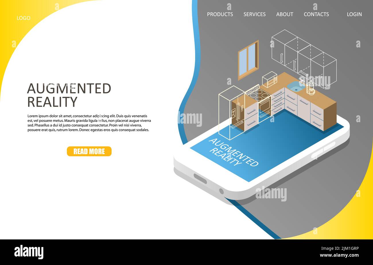 Augmented reality landing page website template. Vector isometric illustration. Augmented ...