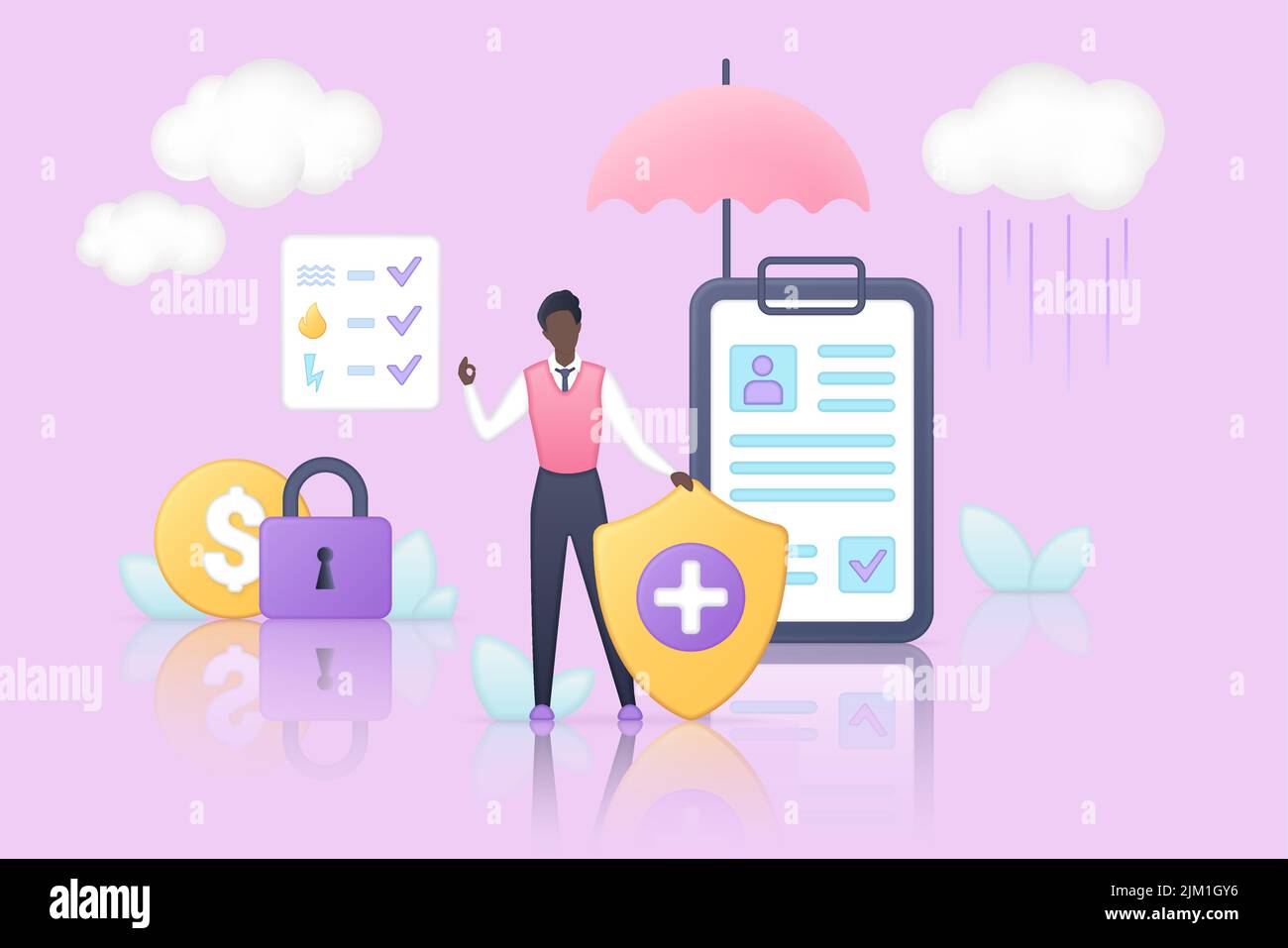 Umbrella, claim document and tiny employee holding medical shield to ...