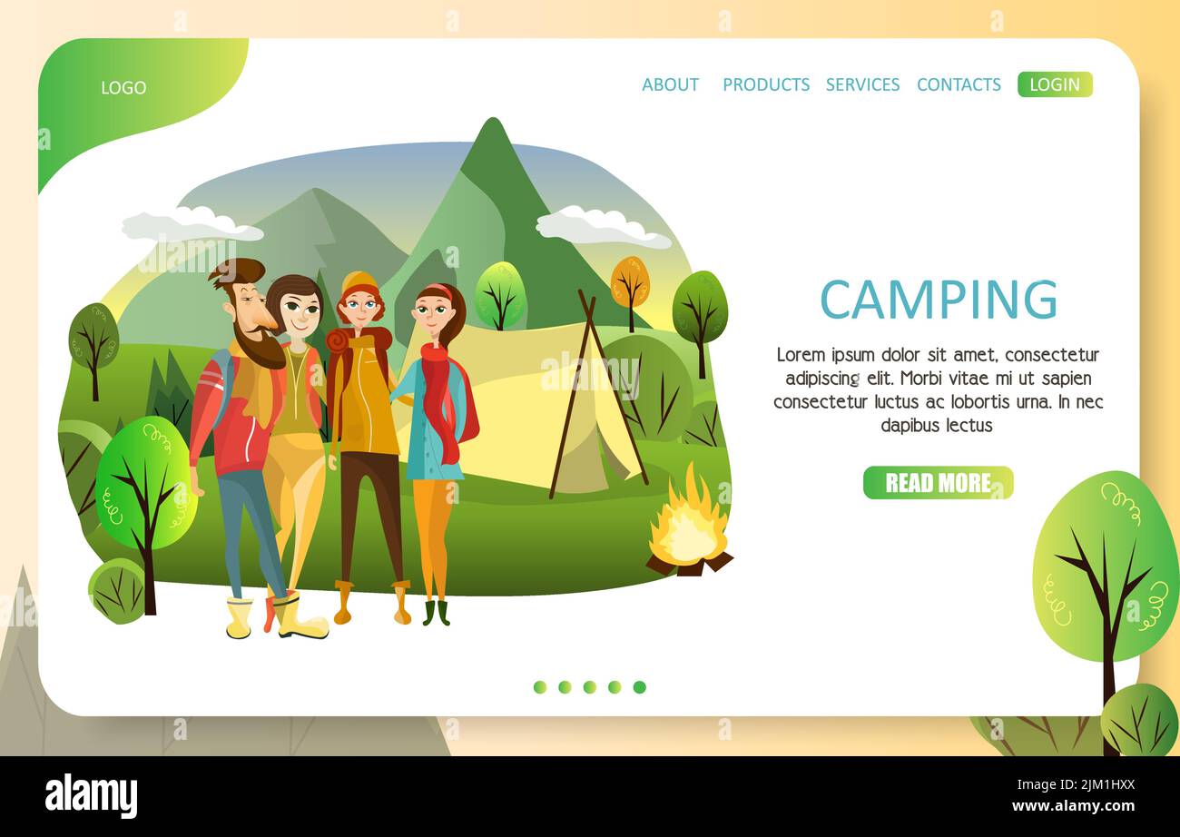 Camping landing page website template. Vector illustration of people ...
