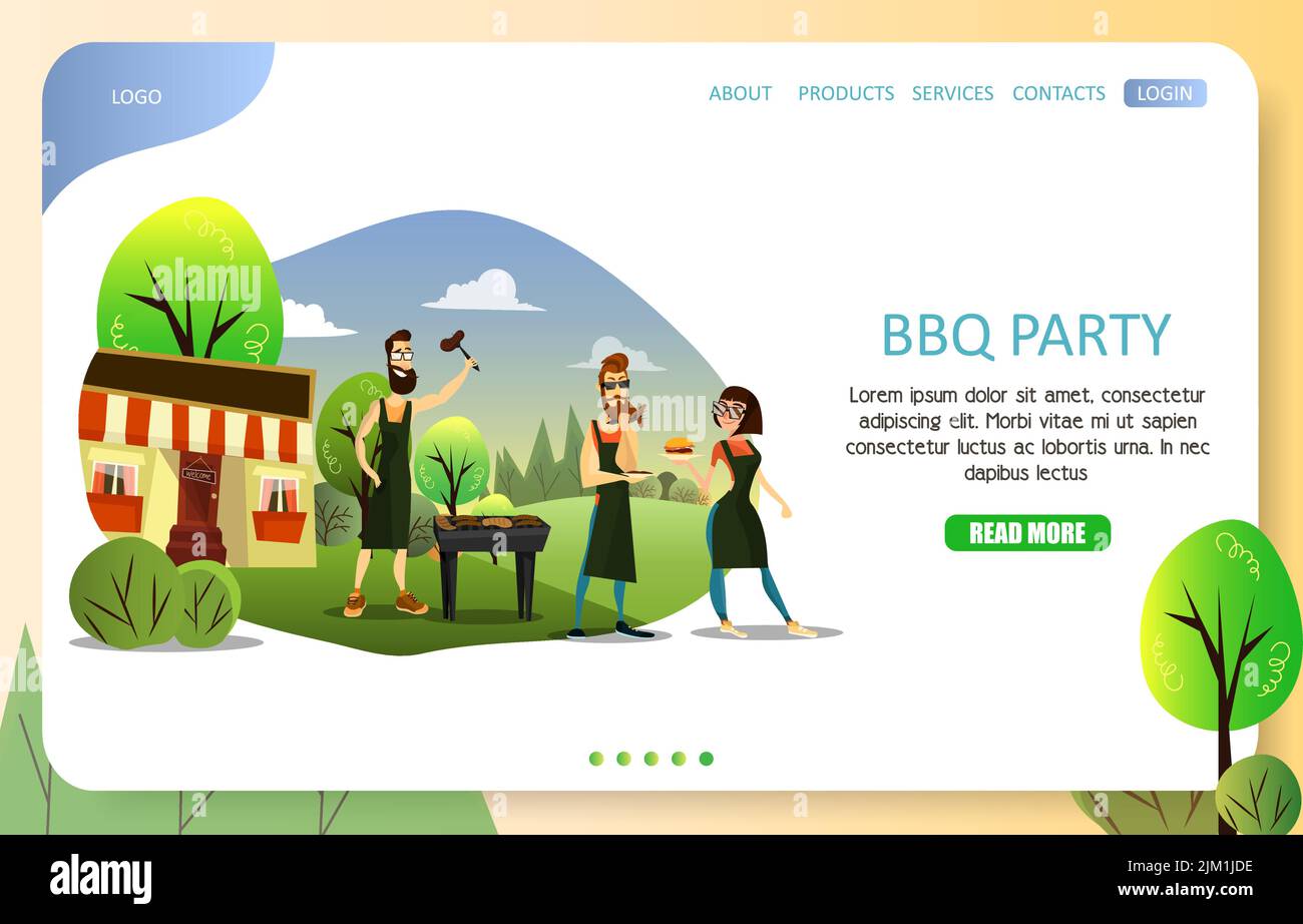 BBQ party landing page website template. Vector illustration of people ...